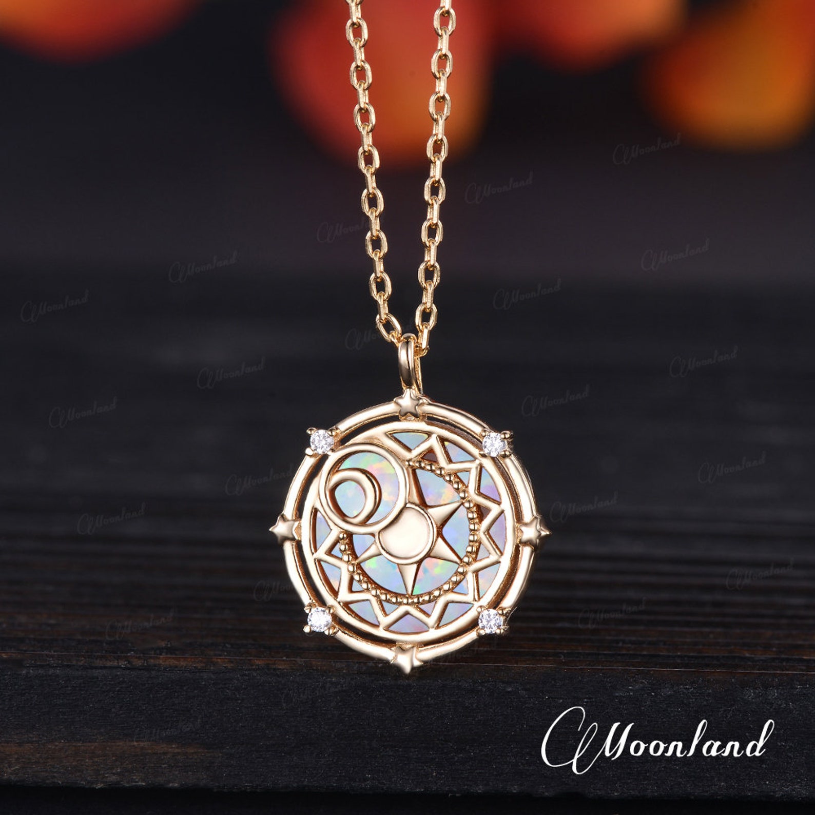 Vintage Opal Necklace Sun Moon Star Yellow Gold North Star Pendant ...