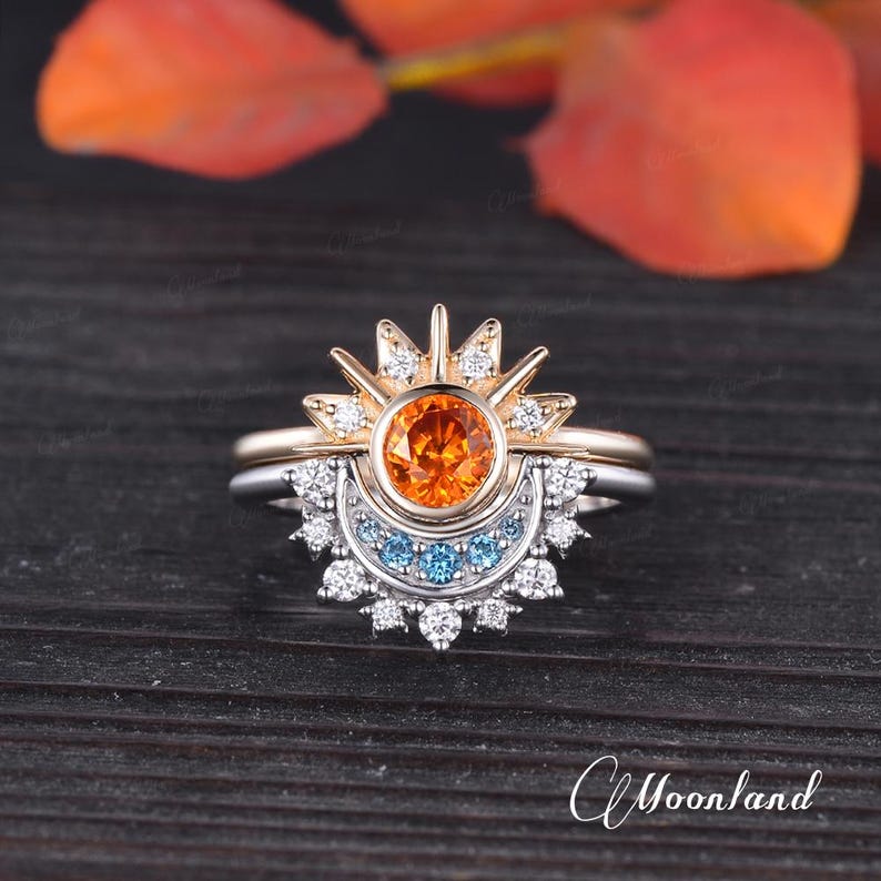 Unique Sun and Moon Engagement Ring Set Orange Sapphire Blue Topaz ...
