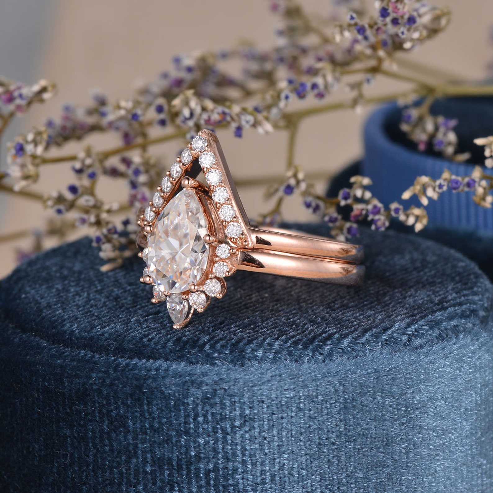 9x6mm Pear Shaped Engagement Ring Rose Gold Floral Moissanite Etsy