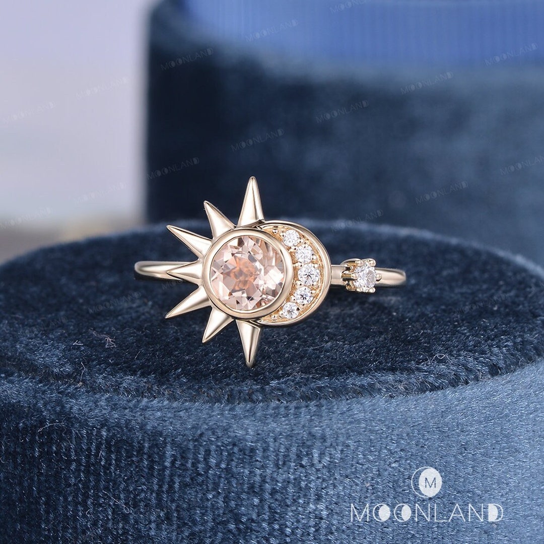 Morganite Engagement Ring Vintage Celestial Wedding Ring Women Yellow Gold Sun Catching Moon ...