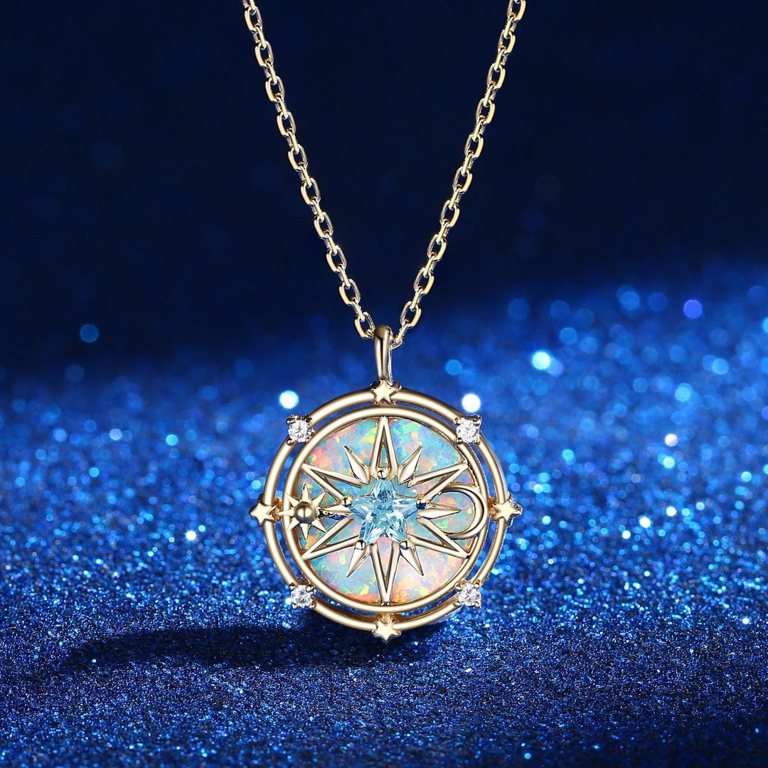 Vintage Blue Crystal Pendant Necklace Yellow Gold Topaz North Star ...