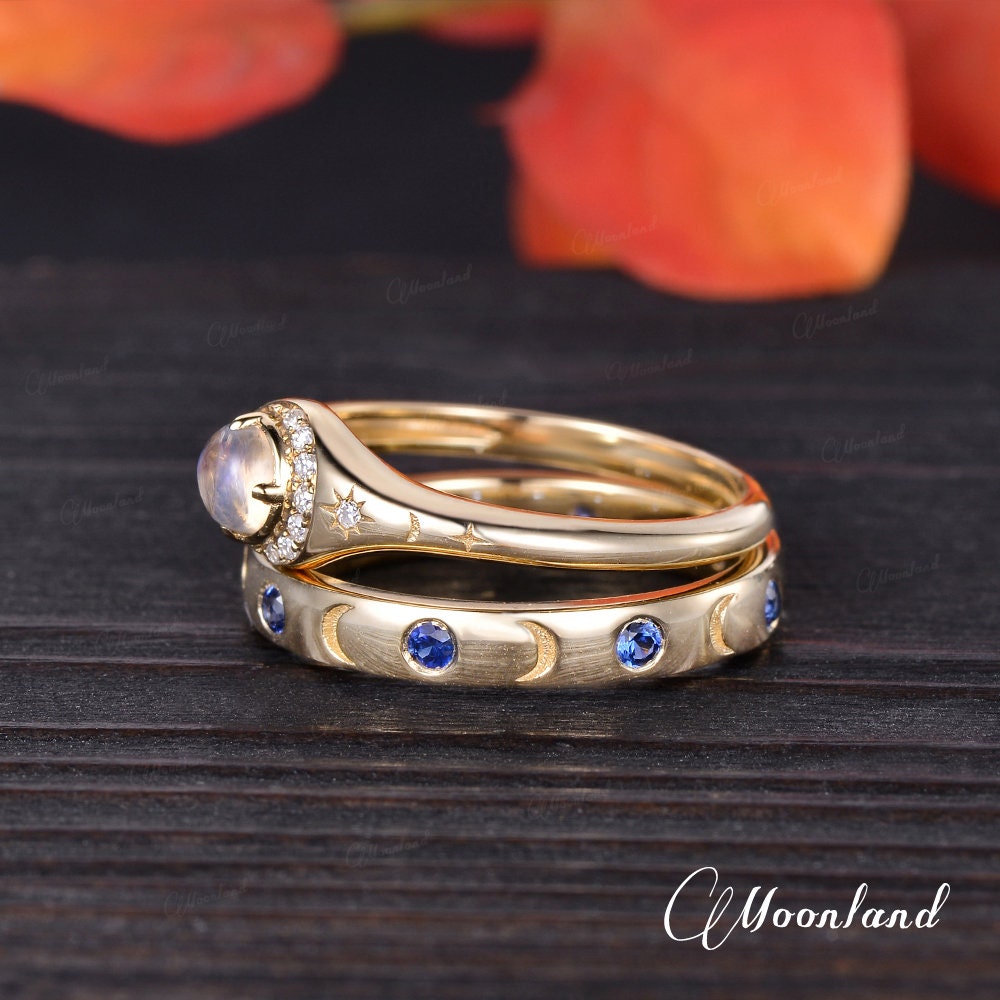 Natural Moonstone Engagement Ring Set Bezel Sapphire Wedding Ring ...
