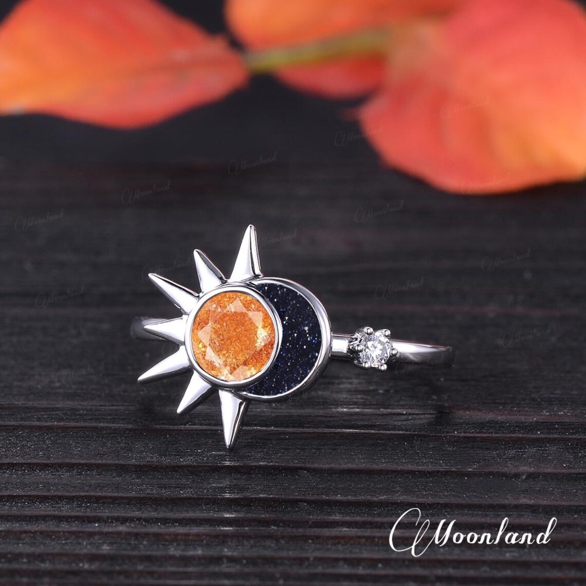 Unique Sunstone Engagement Ring Sun & Moon Ring Blue Sandstone Galaxy ...