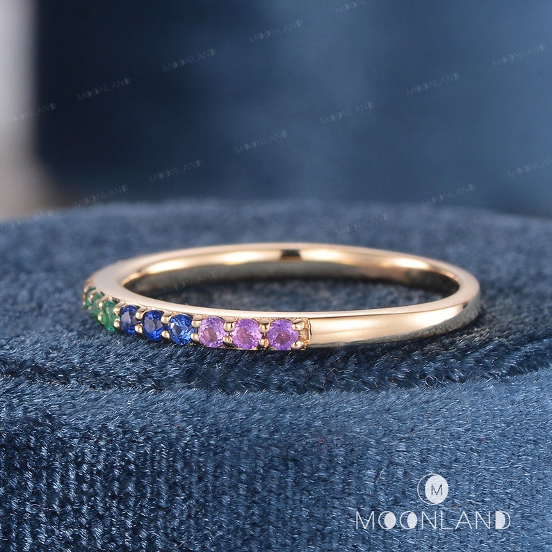 Rainbow Ring Rainbow Sapphire Wedding Band Women Rose Gold - Etsy