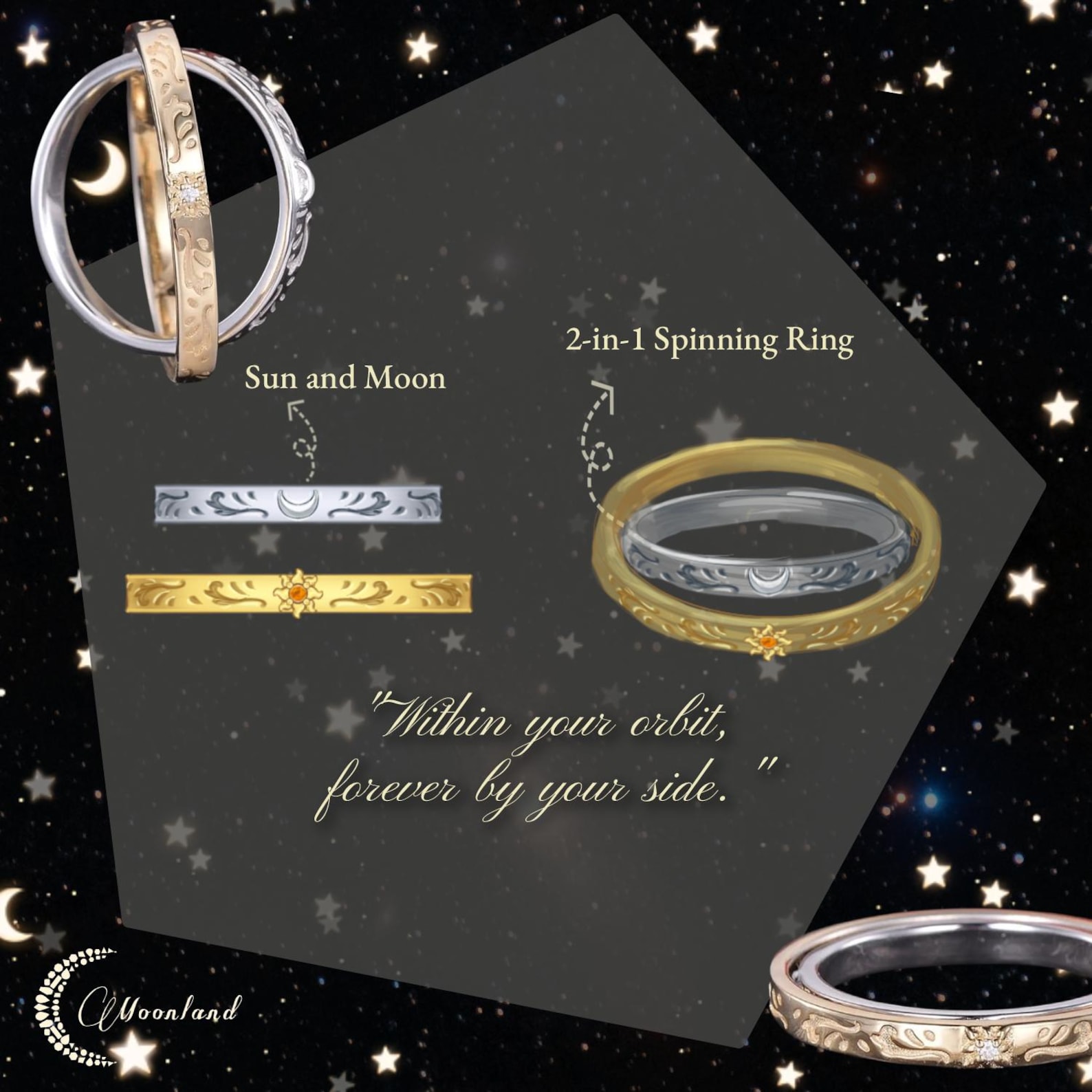 Unique Sun Moon Star Spinning Ring Moissanite Two Tone Gold Celestial ...