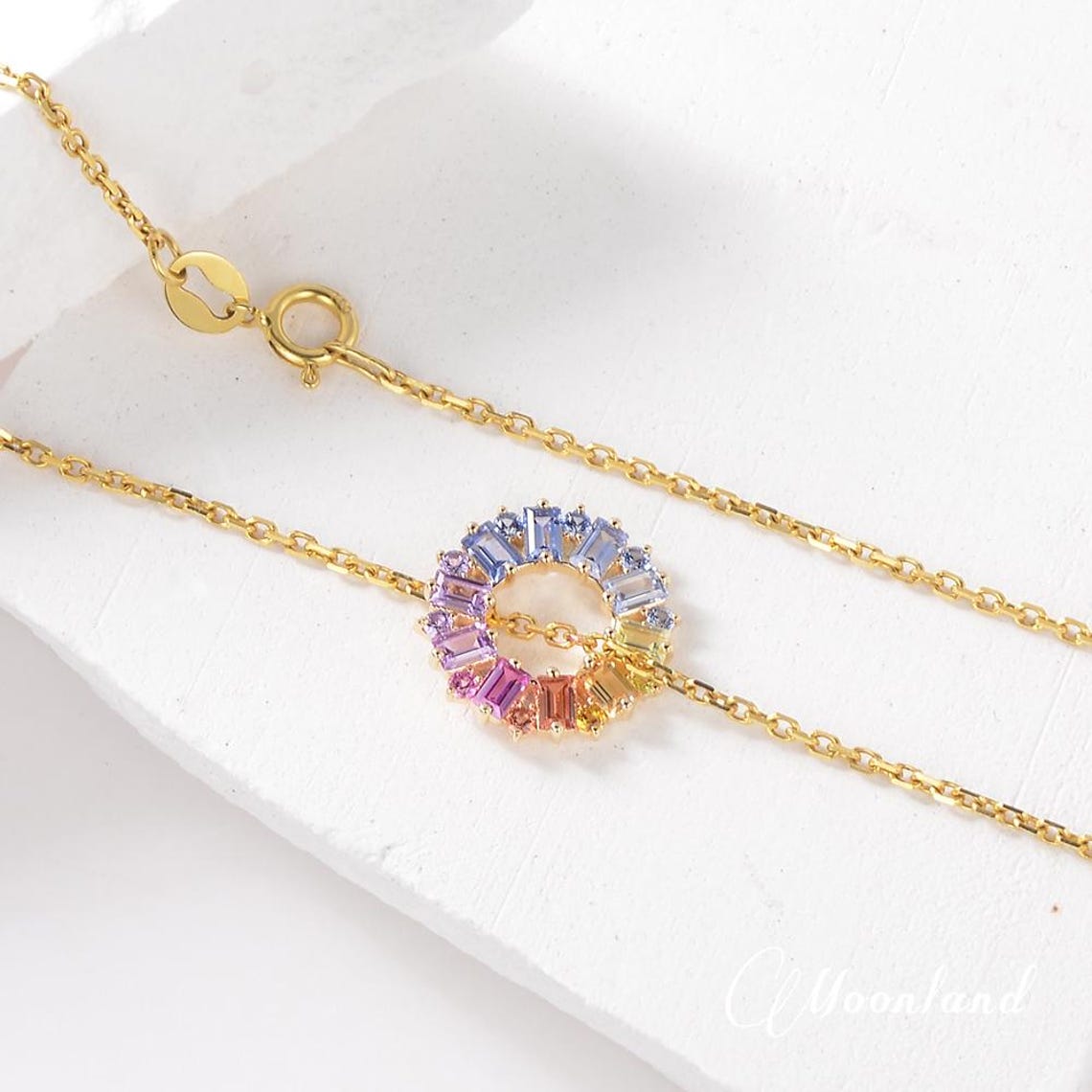 Dainty Rainbow Sapphire Pendant Necklace Emerald Cut Multi Color ...