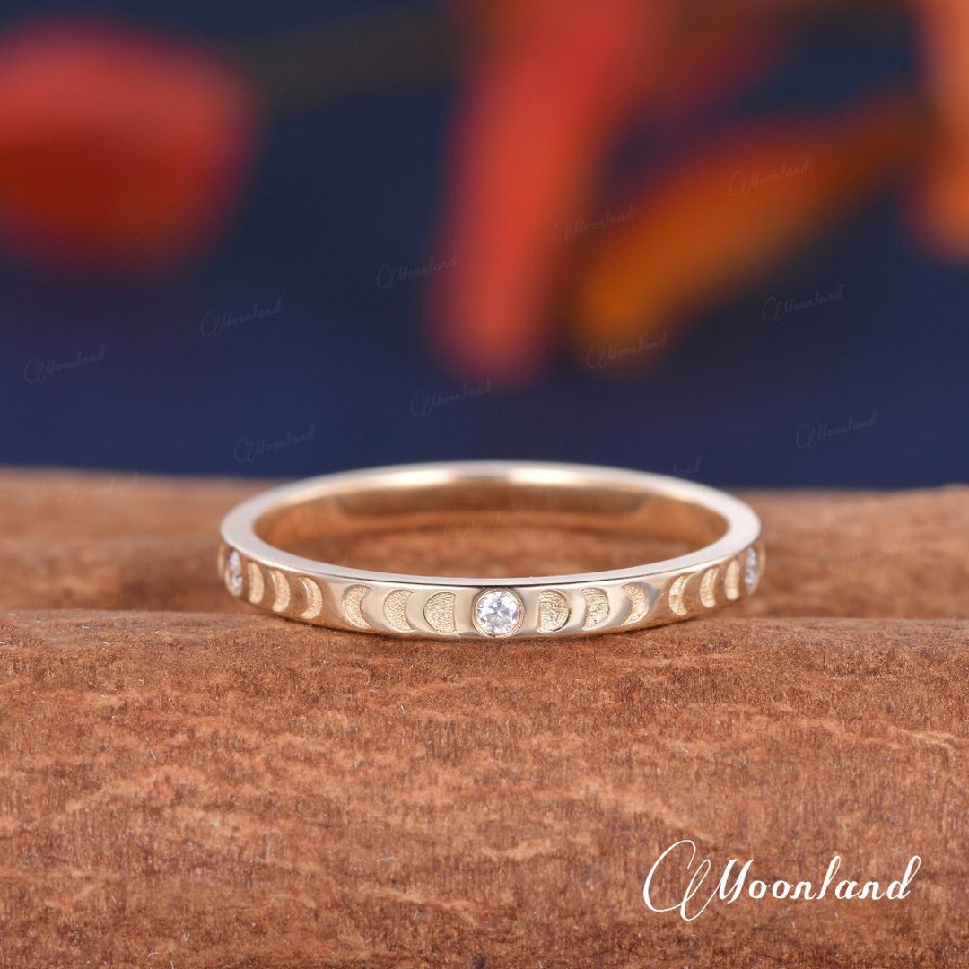 14K Gold Moon Ring Bezel Diamond Phases of the Moon Women Ring ...