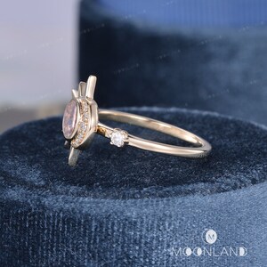 Morganite Engagement Ring Vintage Celestial Wedding Ring Women Yellow Gold Sun Catching Moon ...