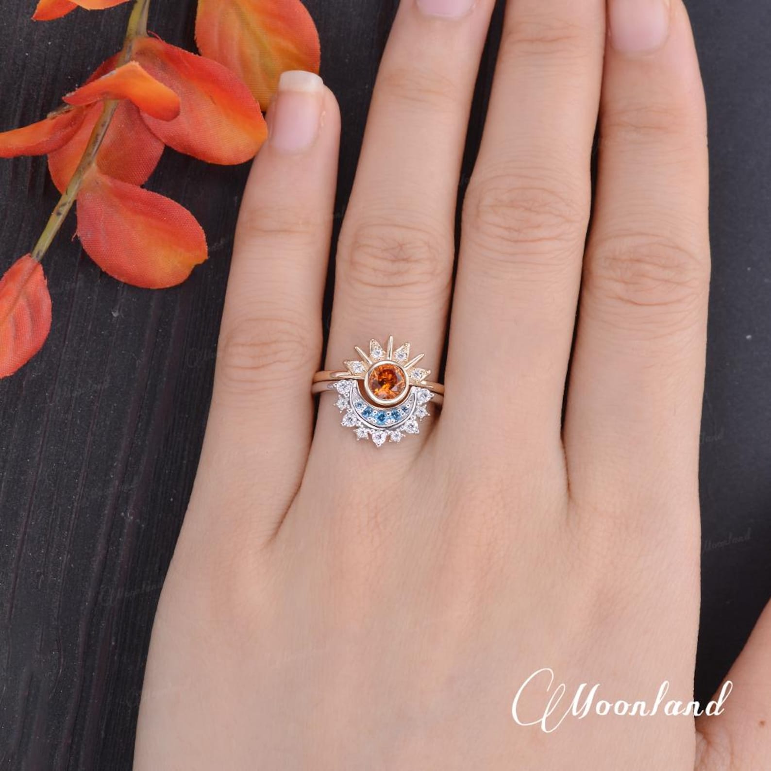Unique Sun and Moon Engagement Ring Set Orange Sapphire Blue Topaz ...