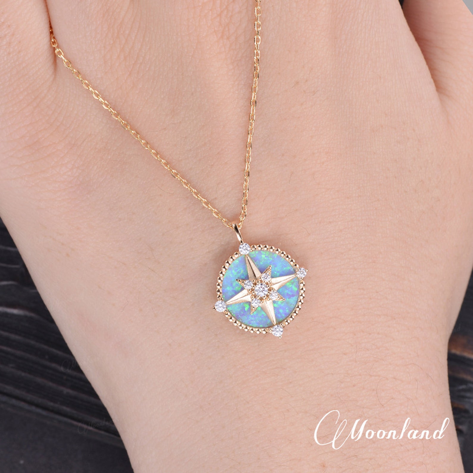 North Star Opal Pendant Compass Necklace Yellow Gold Personalized ...