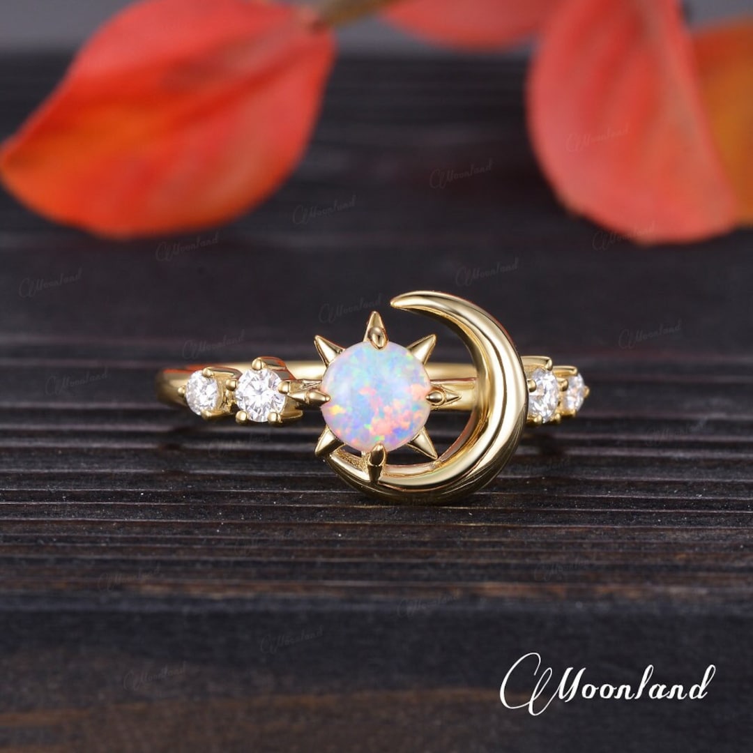 Unique Sun and Moon Ring Yellow Gold Opal Engagement Ring Vintage Celestial Ring Half Eternity ...