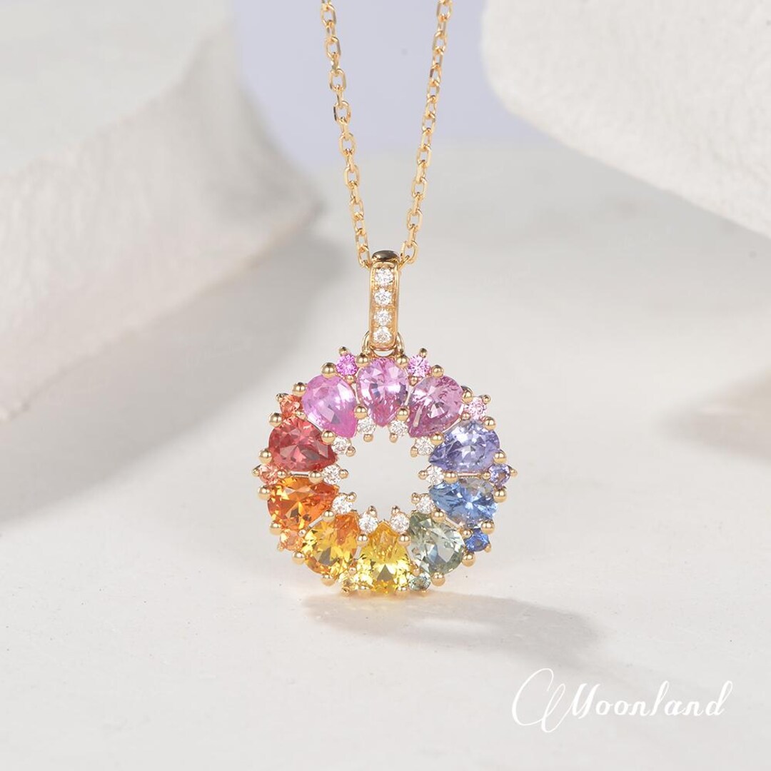Natural Rainbow Sapphire Pendant Necklace Dainty Pear Cut Gradient ...