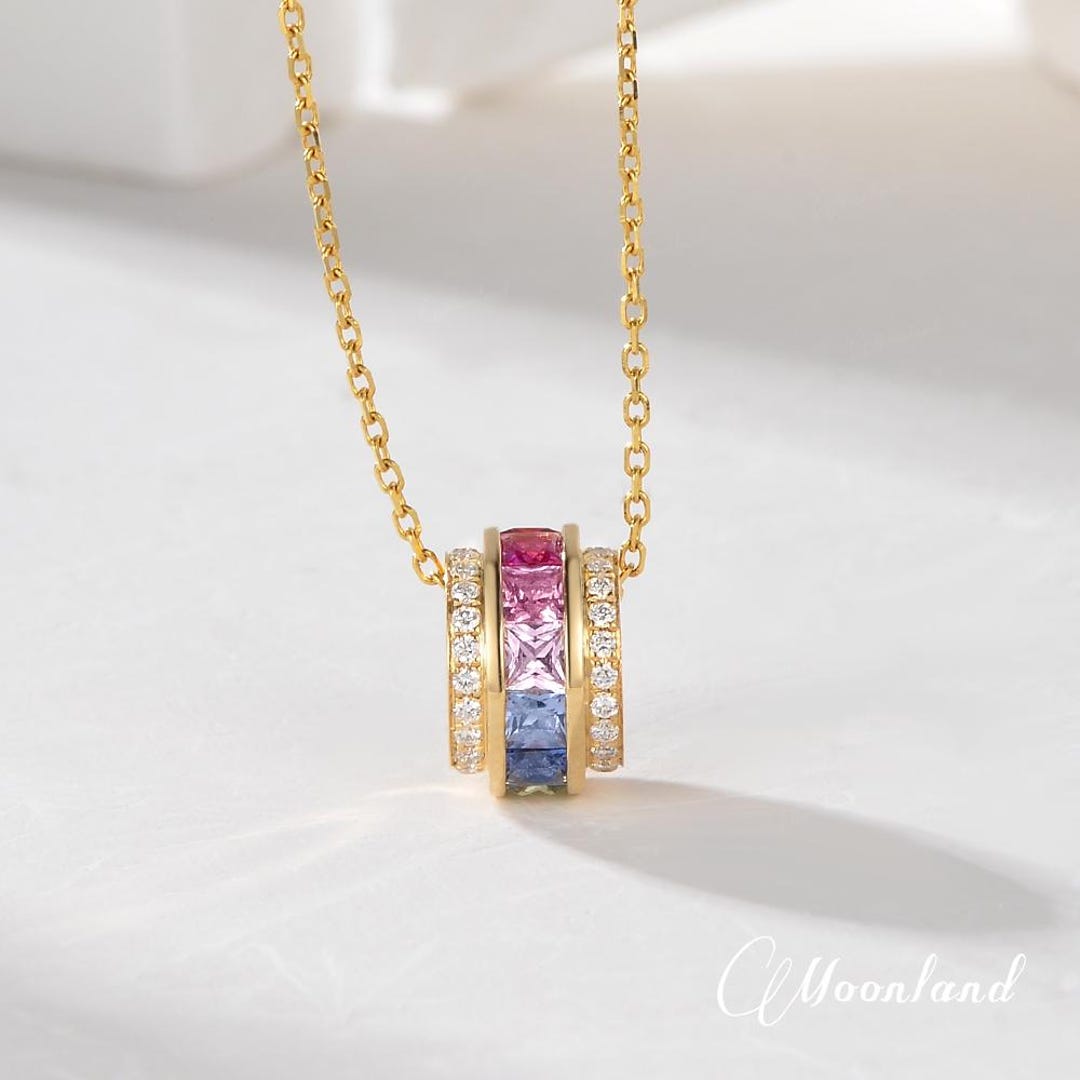 Dainty Natural Rainbow Sapphire Cylinder Pendant Necklace Gold Diamond ...