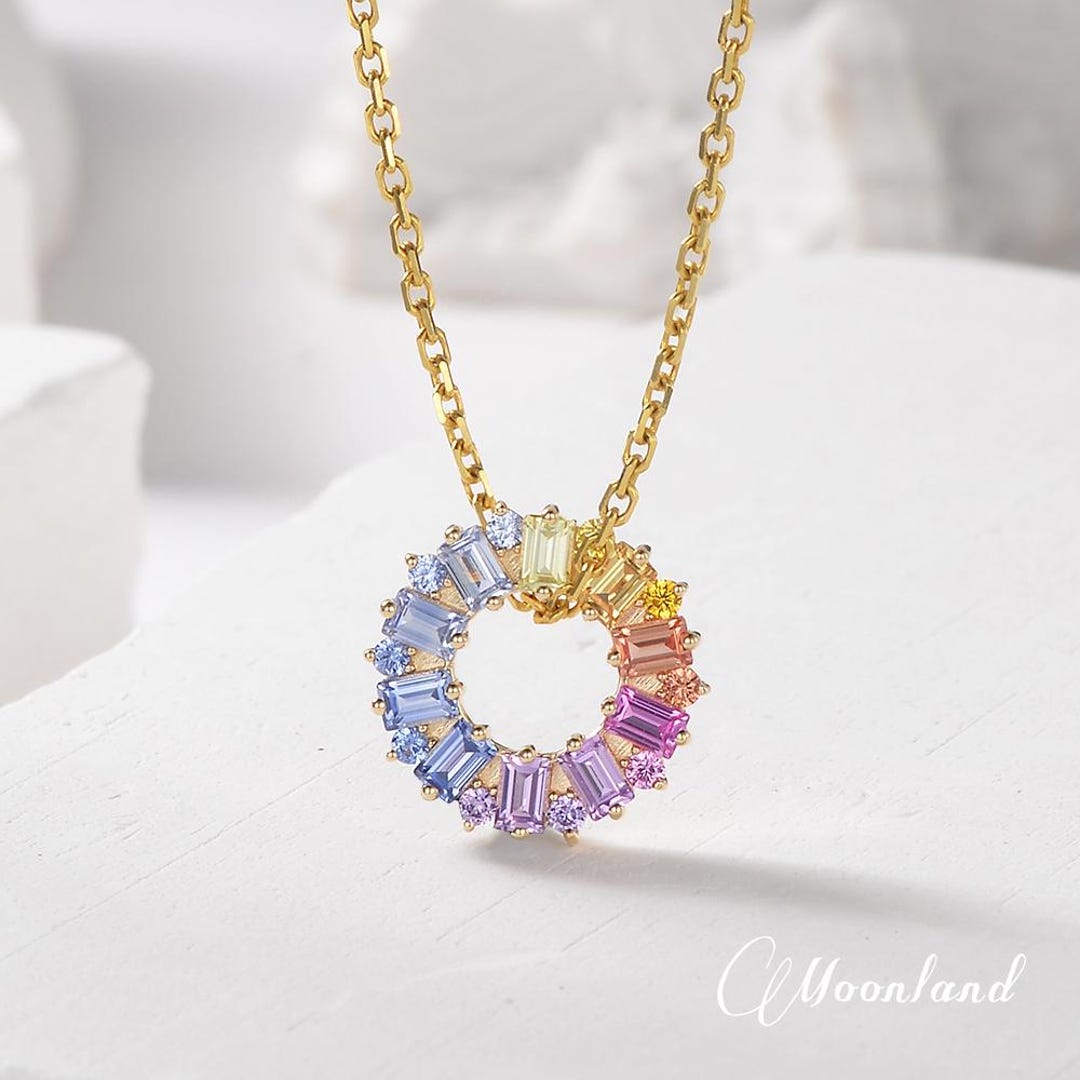 Dainty Rainbow Sapphire Pendant Necklace Emerald Cut Multi Color ...