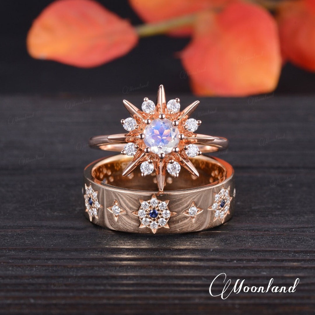 Unique Sun Engagement Ring Set Moonstone Sapphire Ring Rose Gold Halo ...