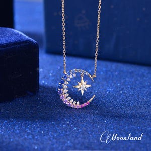Dainty Sapphire Necklace Gradient Blue Pink Sapphire Moon Star Pendant ...
