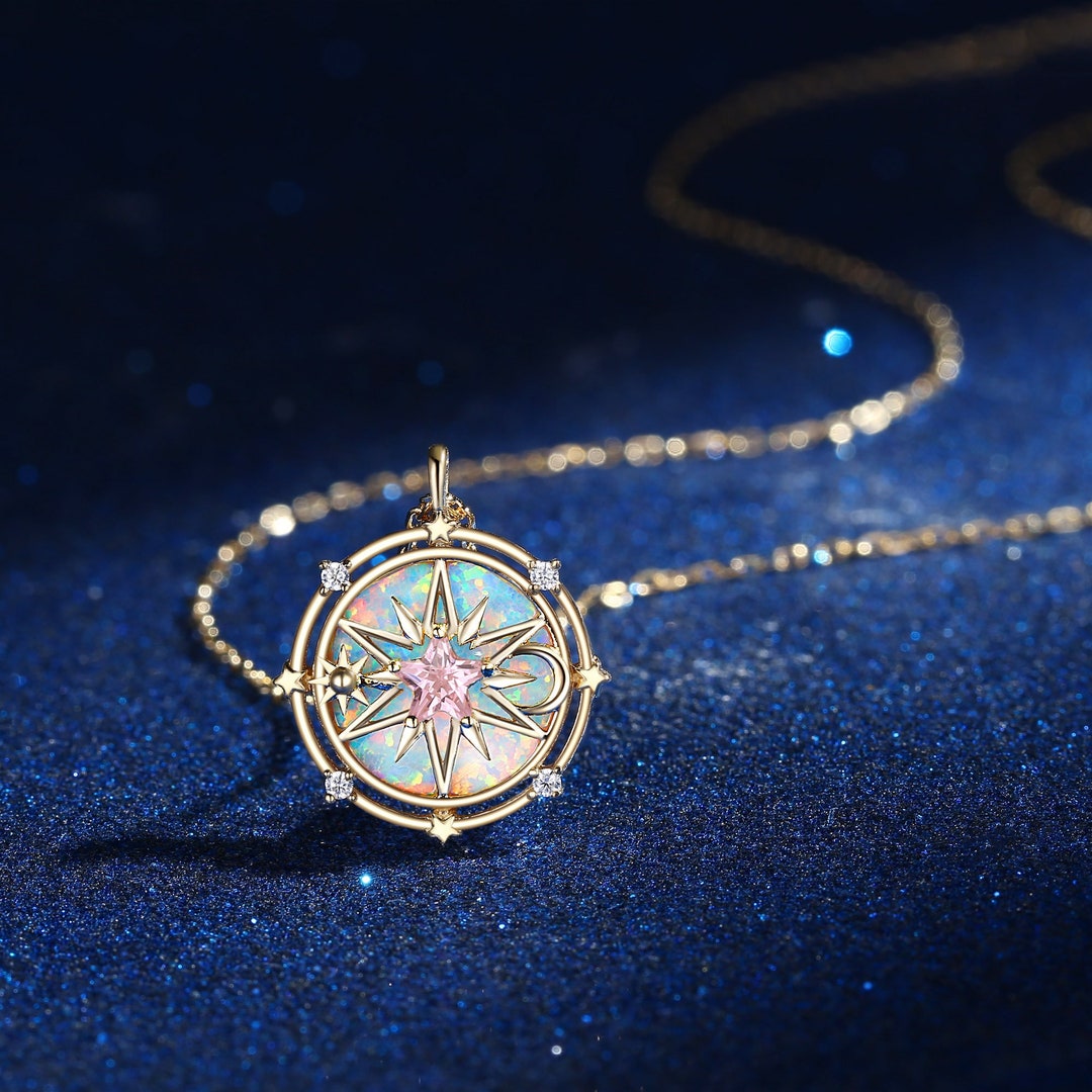 Vintage Pink Crystal Star Pendant Necklace Yellow Gold North Star ...