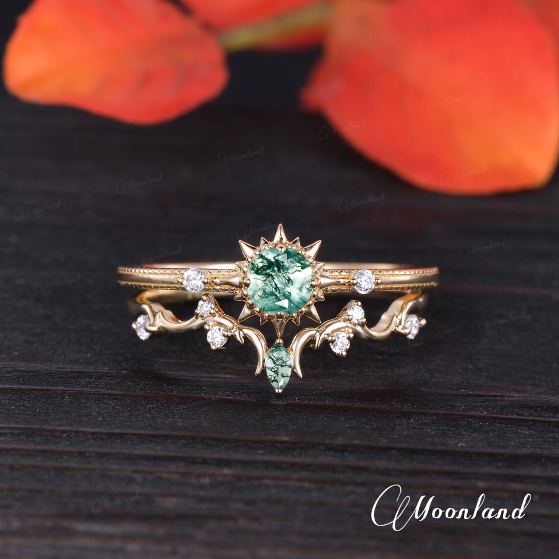 Unique Sun and Moon Engagement Ring Set Vintage Natural Moss Agate ...