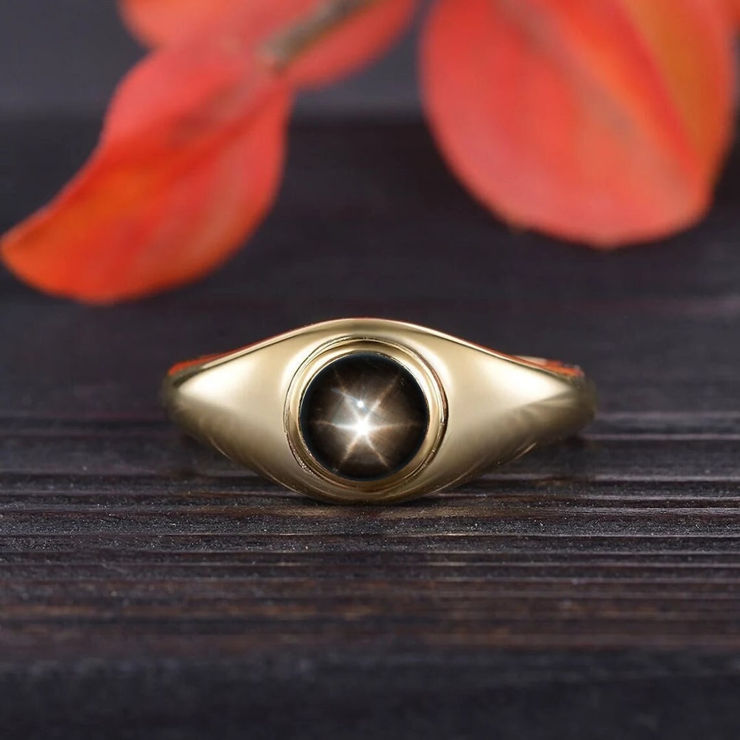 Unique Black Star Sapphire Ring Bezel Set Natural Sapphire Engagement Ring Yellow Gold ...