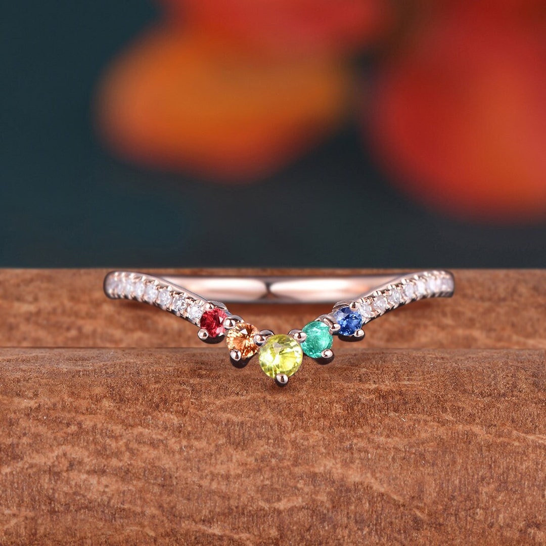 Rainbow Sapphire Curved Wedding Band Women Rose Gold Ruby Chevron ...
