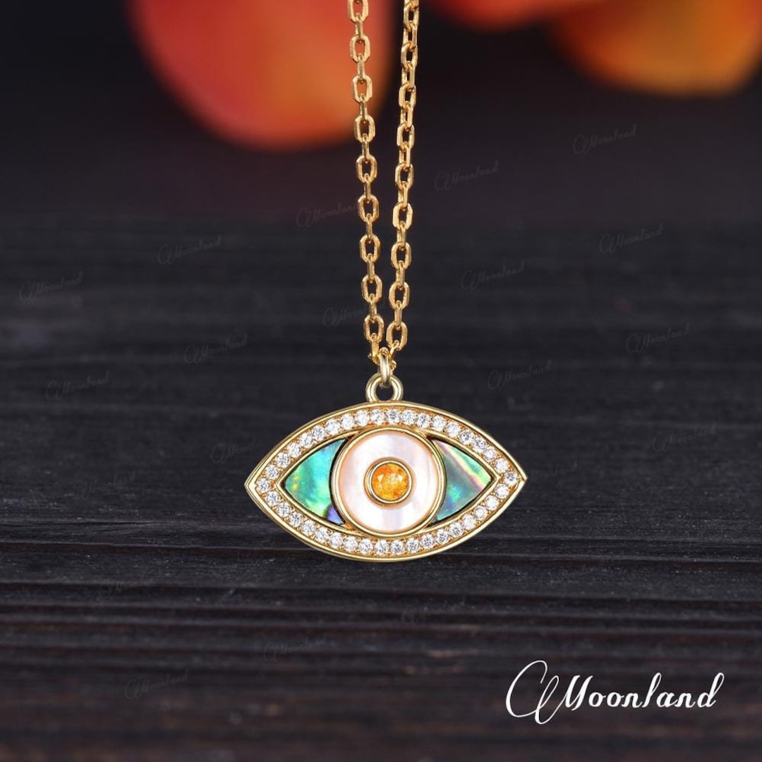 Dainty Natural Abalone Shell Evil Eye Necklace Moissanite Halo Mother ...