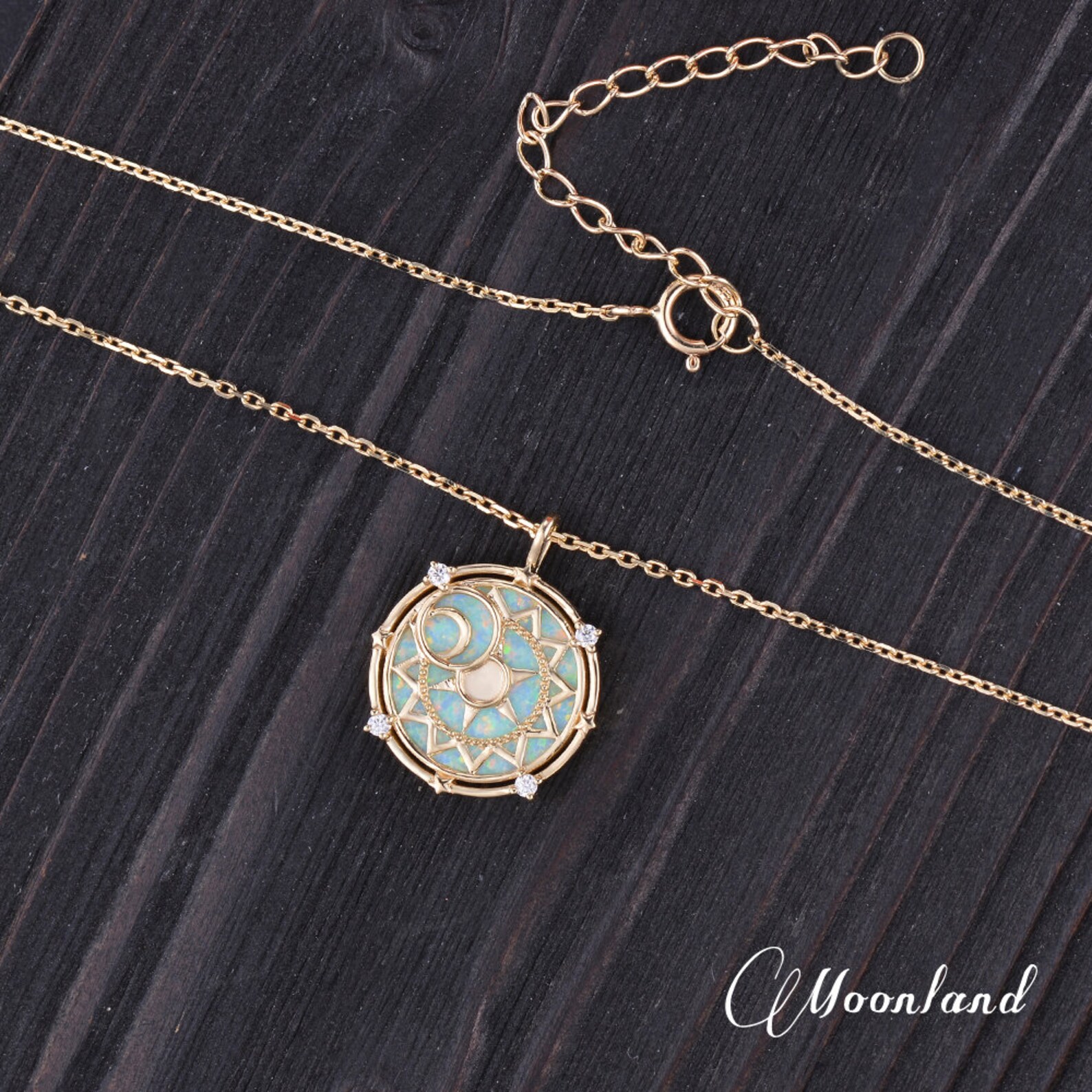 Vintage Opal Necklace Sun Moon Star Yellow Gold North Star Pendant ...