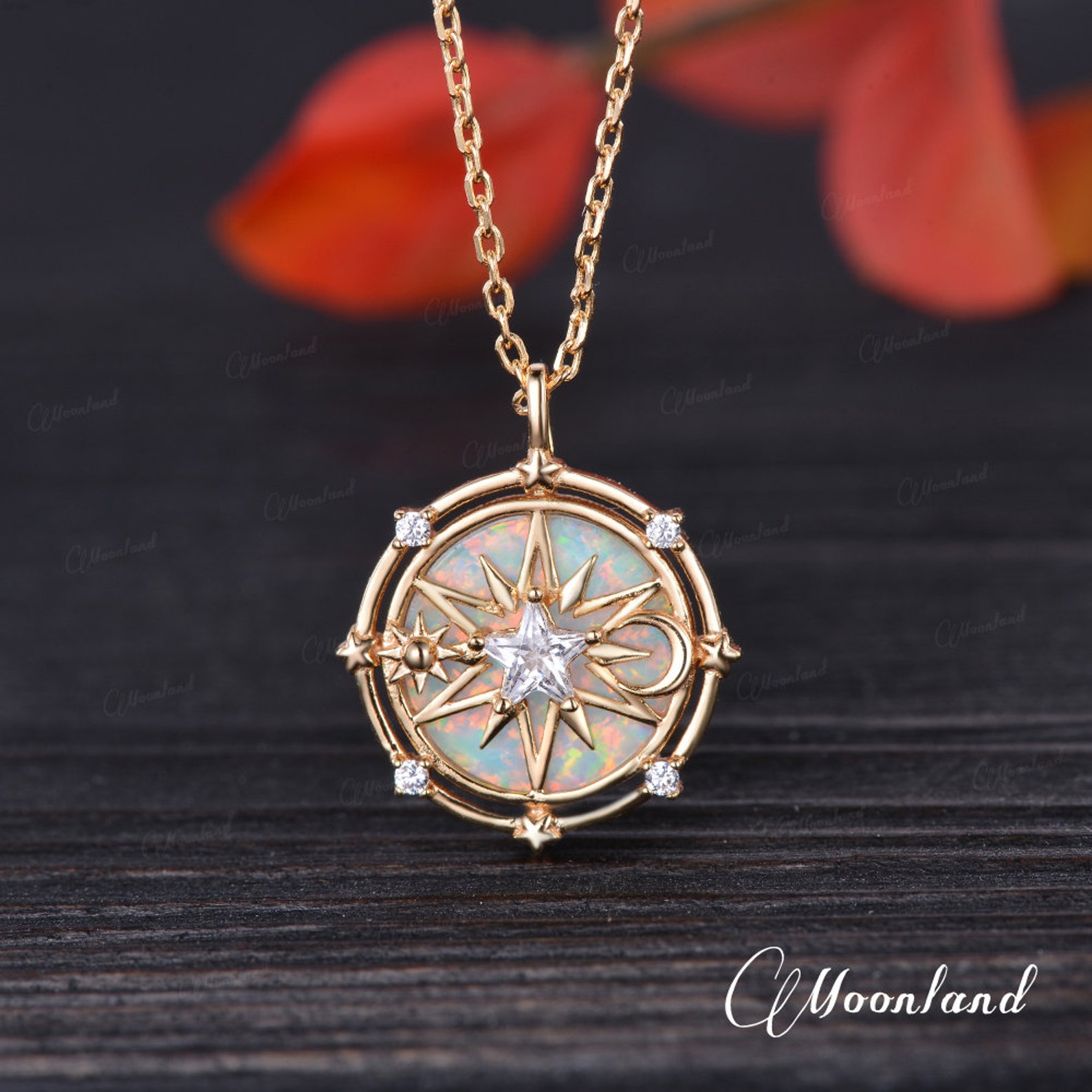 North Star Opal Pendant Compass Necklace Yellow Gold Personalized ...