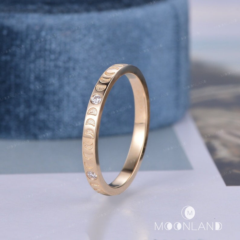 14K Gold Bezel Diamond Moon Ring Phases of the Moon Wedding Ring Yellow ...
