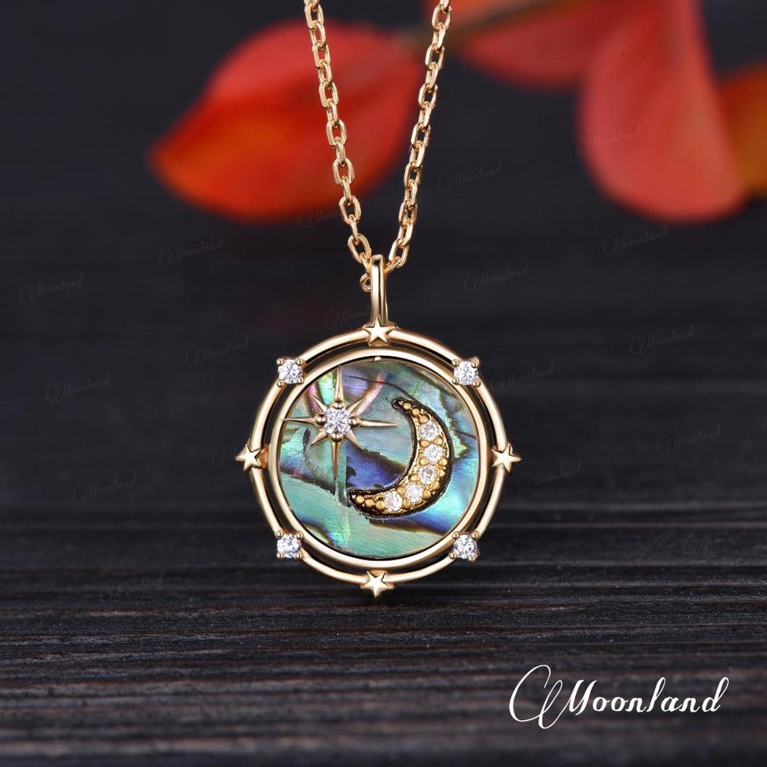 Dainty Natural Abalone Shell Necklace Moissanite North Star Moon ...
