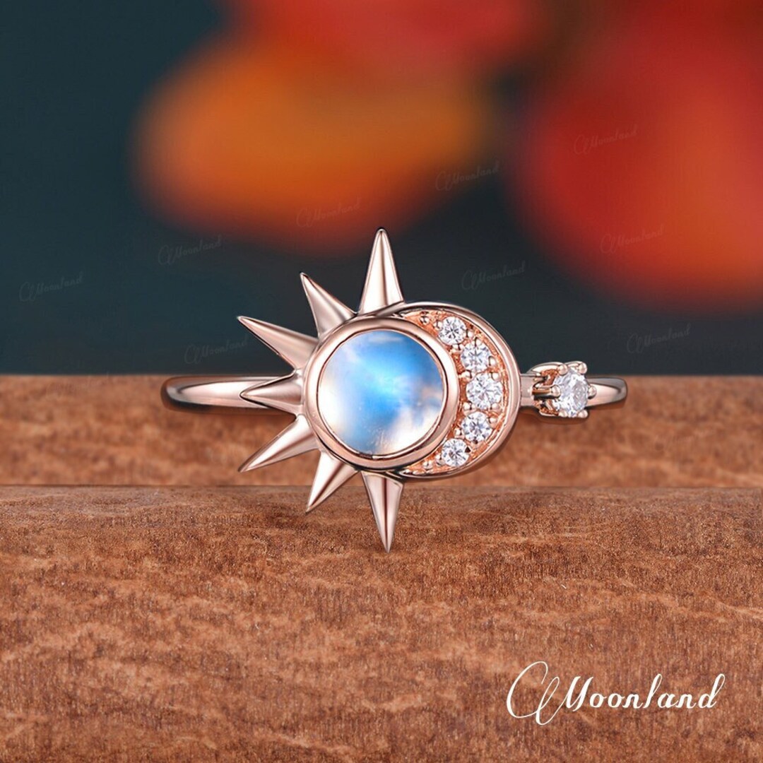 Sun and Moon Ring Vintage Moonstone Engagement Ring Star Galaxy Celestial Wedding Ring Rose Gold ...