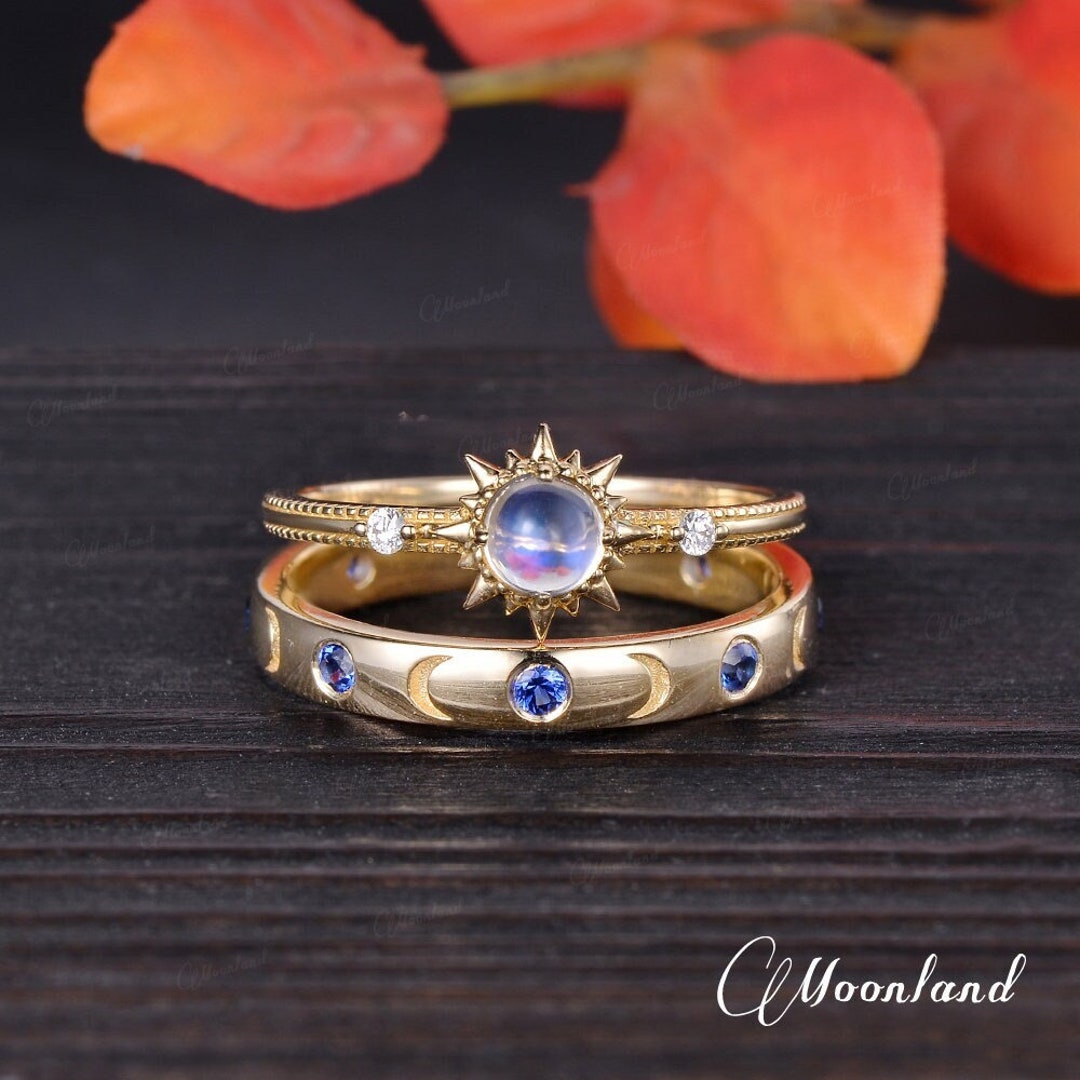 Unique Sun Engagement Ring Set Moonstone Sapphire Wedding Ring Yellow ...