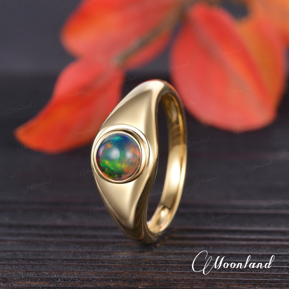 Vintage Black Opal Ring Round Cut Natural Opal Engagement Ring Yellow ...