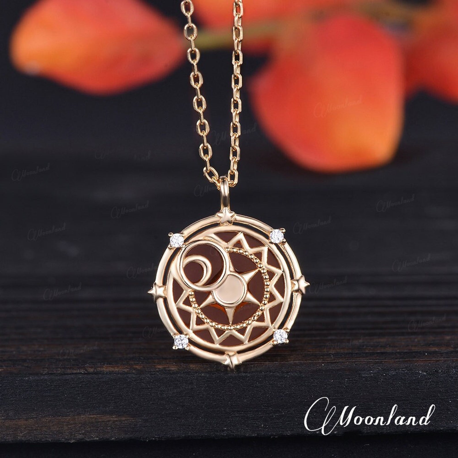 Blue Sandstone Necklace Sun Moon Star Yellow Gold North Star Pendant ...