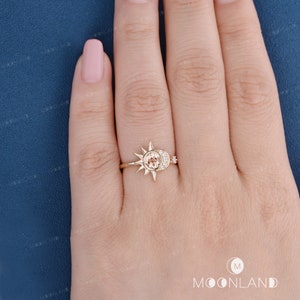 Morganite Engagement Ring Vintage Celestial Wedding Ring Women Yellow Gold Sun Catching Moon ...