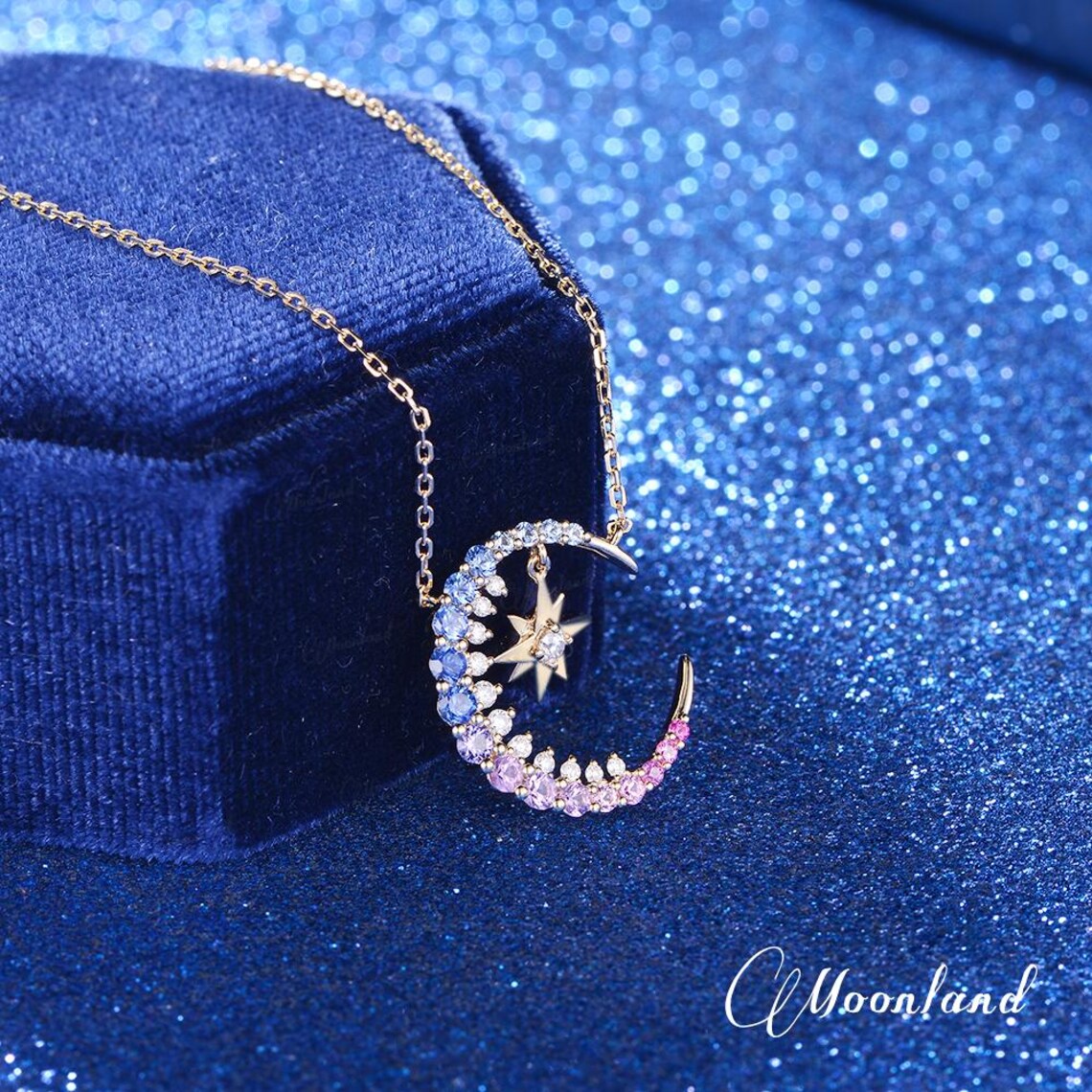 Dainty Sapphire Necklace Gradient Blue Pink Sapphire Moon Star Pendant ...