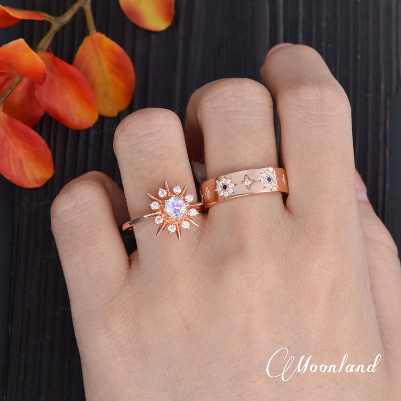 Unique Sun Engagement Ring Set Moonstone Sapphire Ring Rose Gold Halo ...