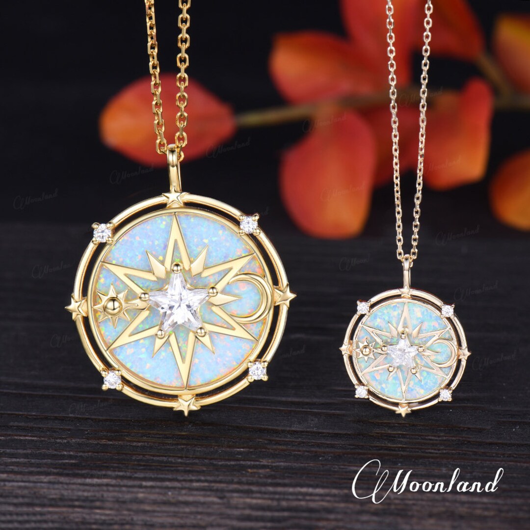 North Star Pendant Necklace, 25mm Opal Pendant, Vintage Yellow Gold ...