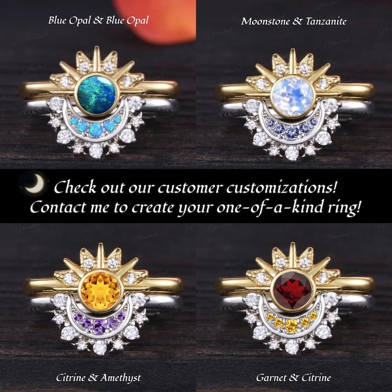 Unique Sun and Moon Engagement Ring Set Orange Sapphire Blue Topaz ...