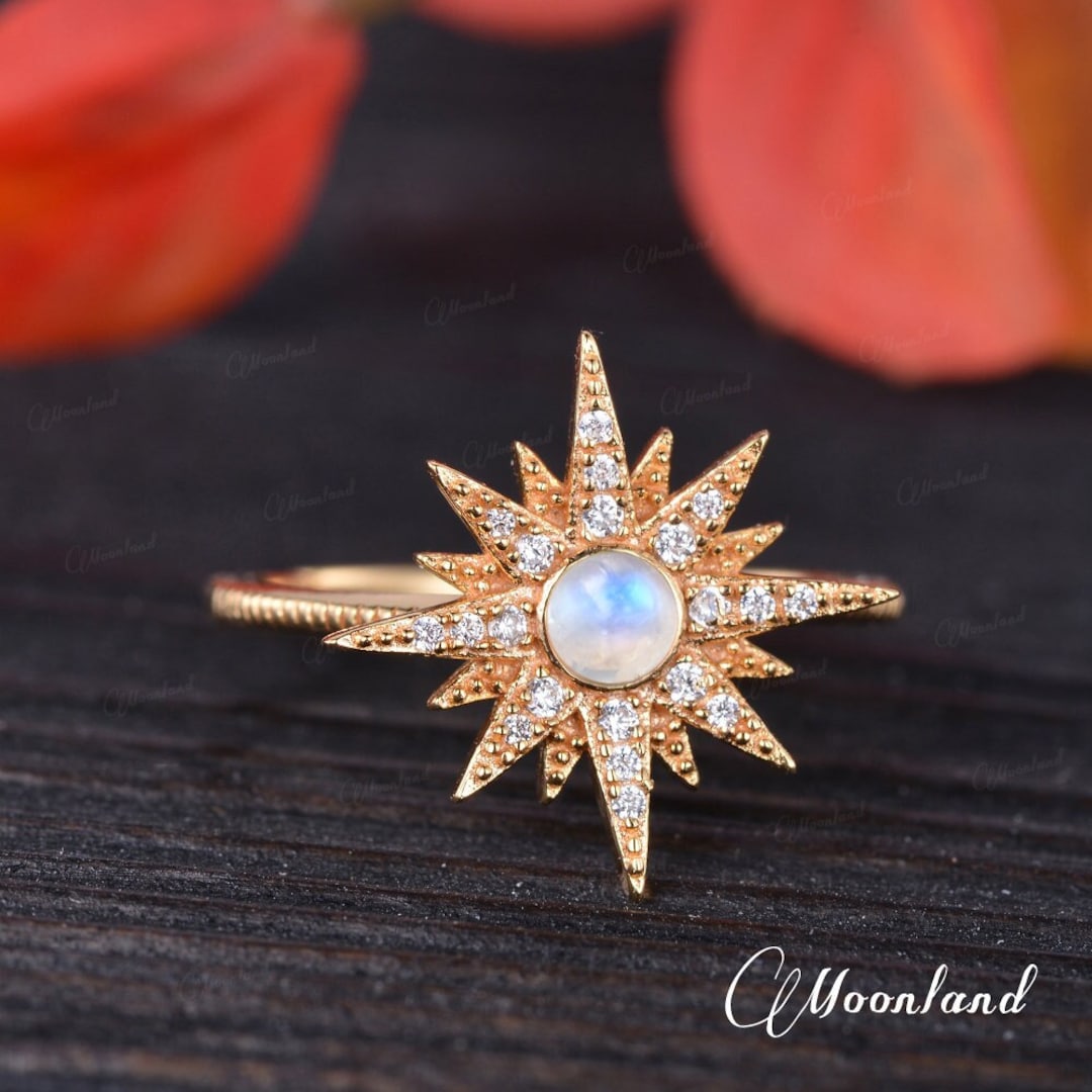 Vintage Moonstone Ring Starburst Ring Star Stackable Ring Celestial ...