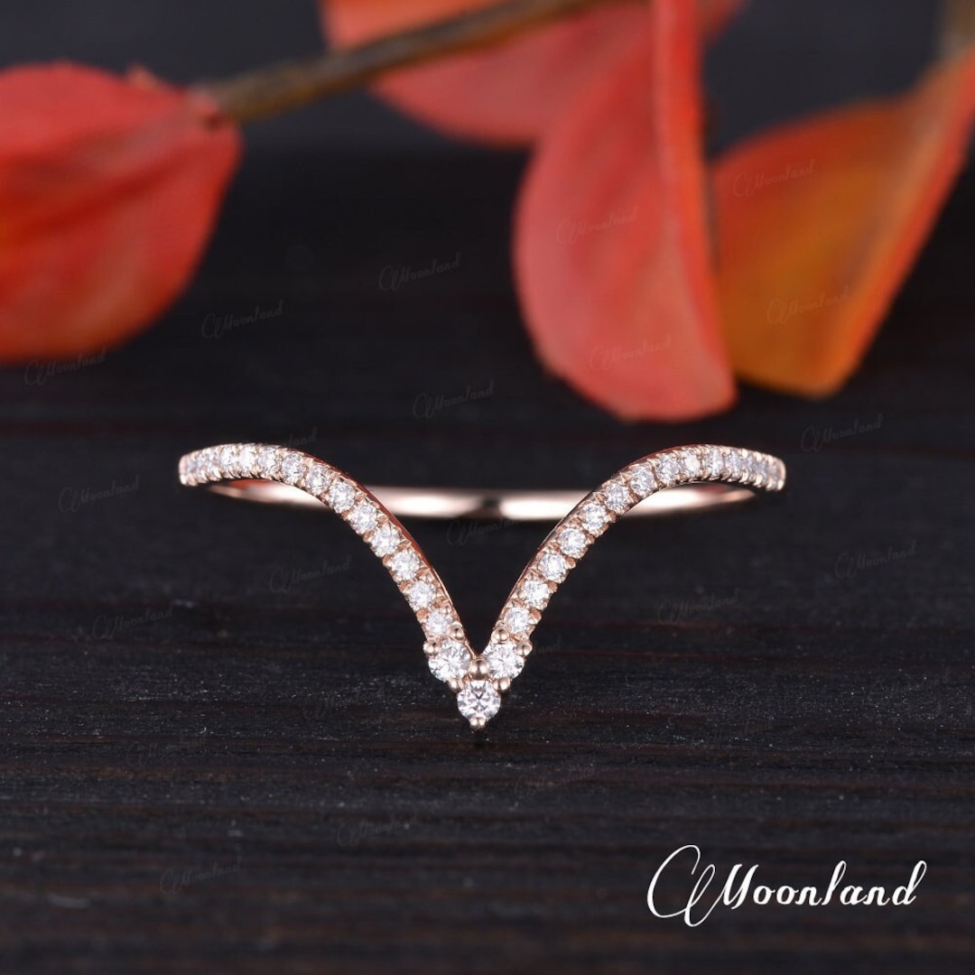 Deep V Shaped Wedding Band Rose Gold Moissanite Chevron Wedding Band ...