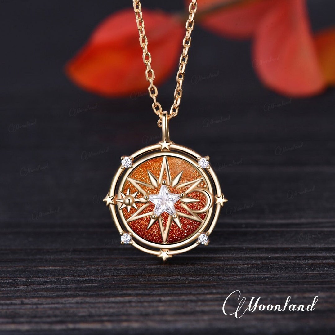 Unique Gold Sandstone Pendant North Star Necklace Sun Moon Halo Pendant ...
