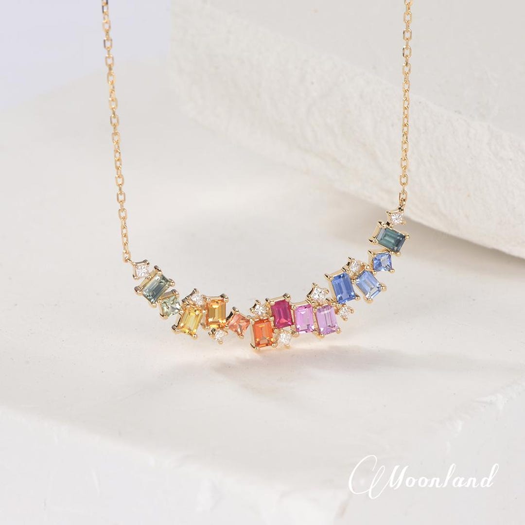 Rainbow Natural Sapphire Pendant Necklace Baguette & Princess Cut Multi ...