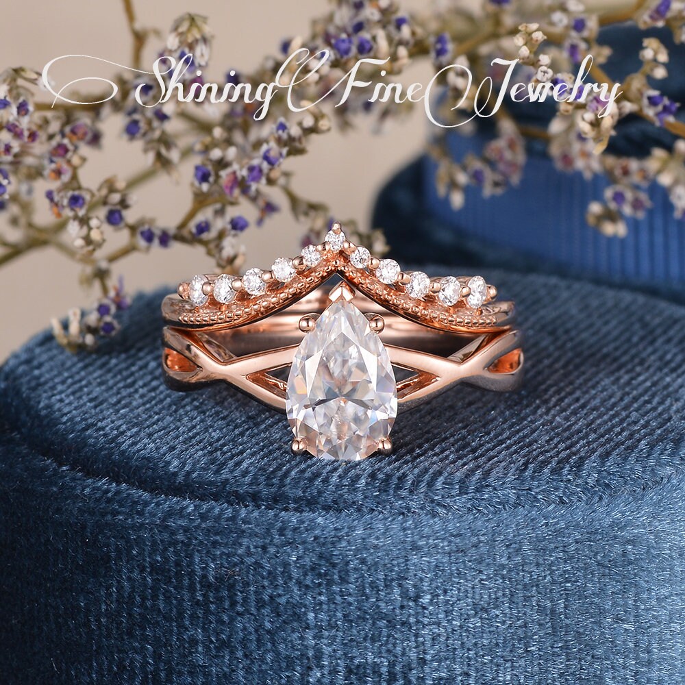 9x6mm Pear Shaped Moissanite Engagement Ring Set Rose Gold Etsy