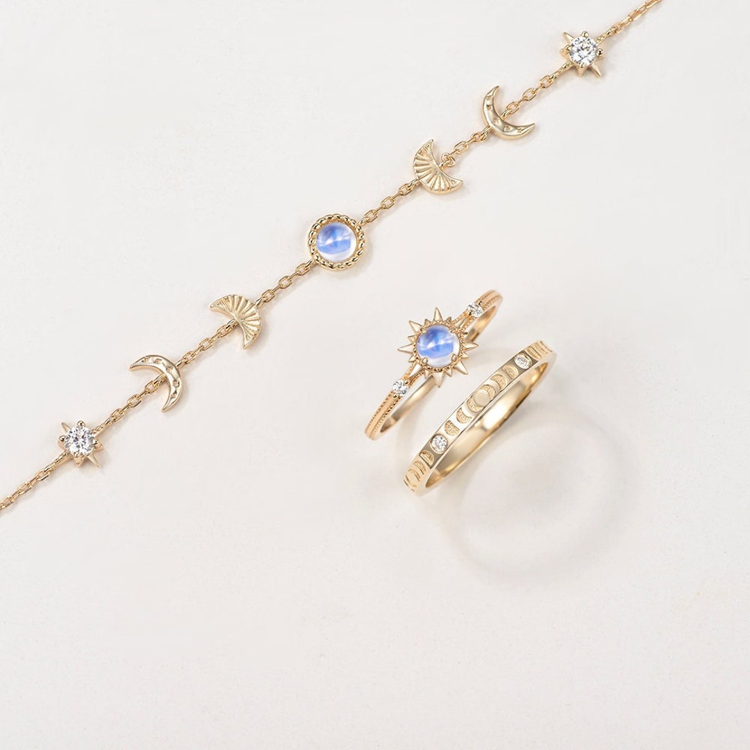 Natural Moonstone Jewelry Set Sun Engagement Ring Set Moon Bracelet ...