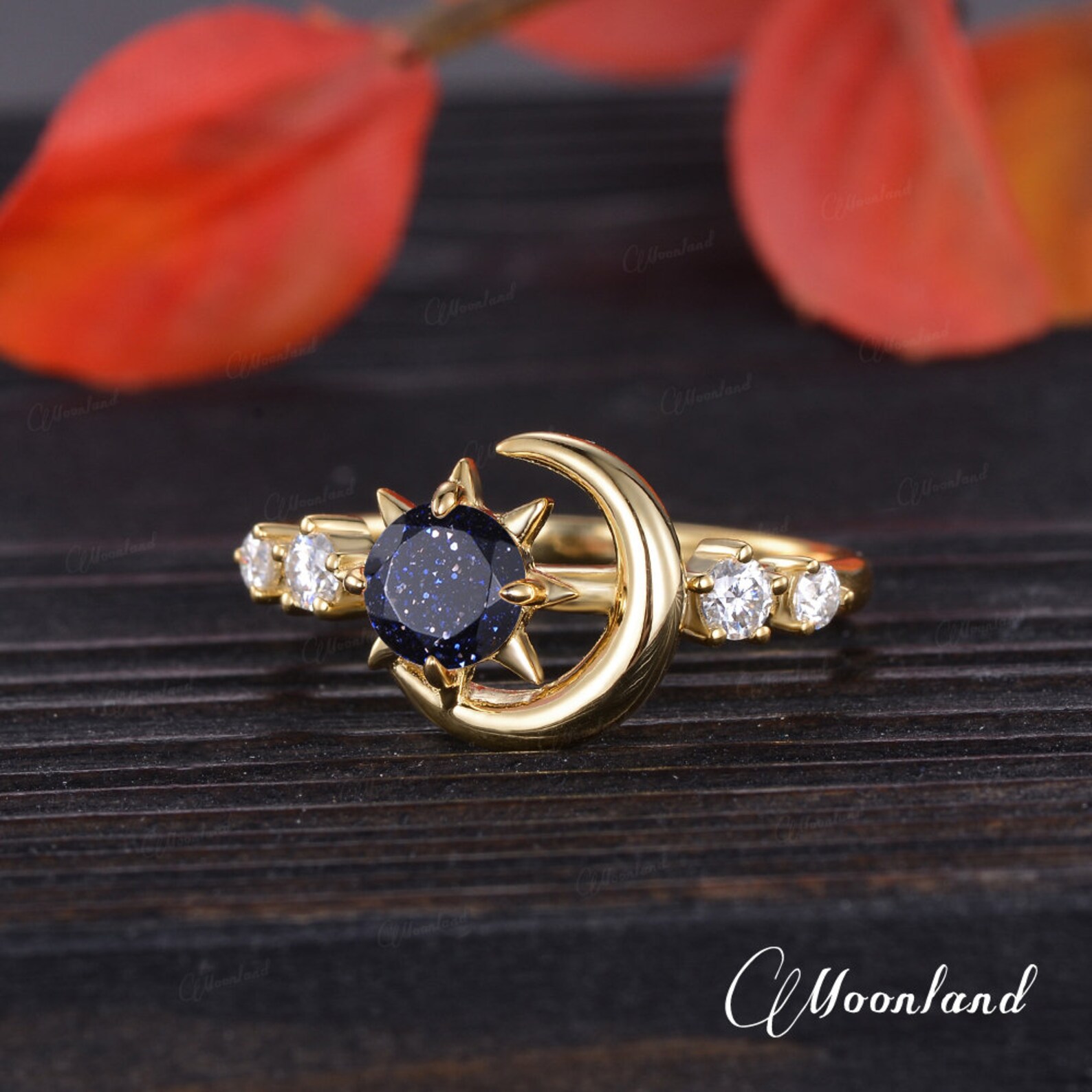 Unique Blue Sandstone Engagement Ring Yellow Gold Moon and Star Ring ...