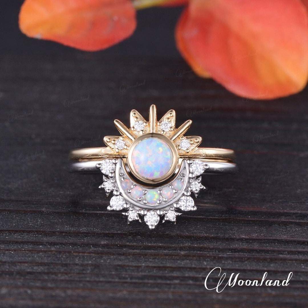 Vintage Opal Sun and Moon Ring Set Art Deco Yellow Gold Bezel Set Halo ...