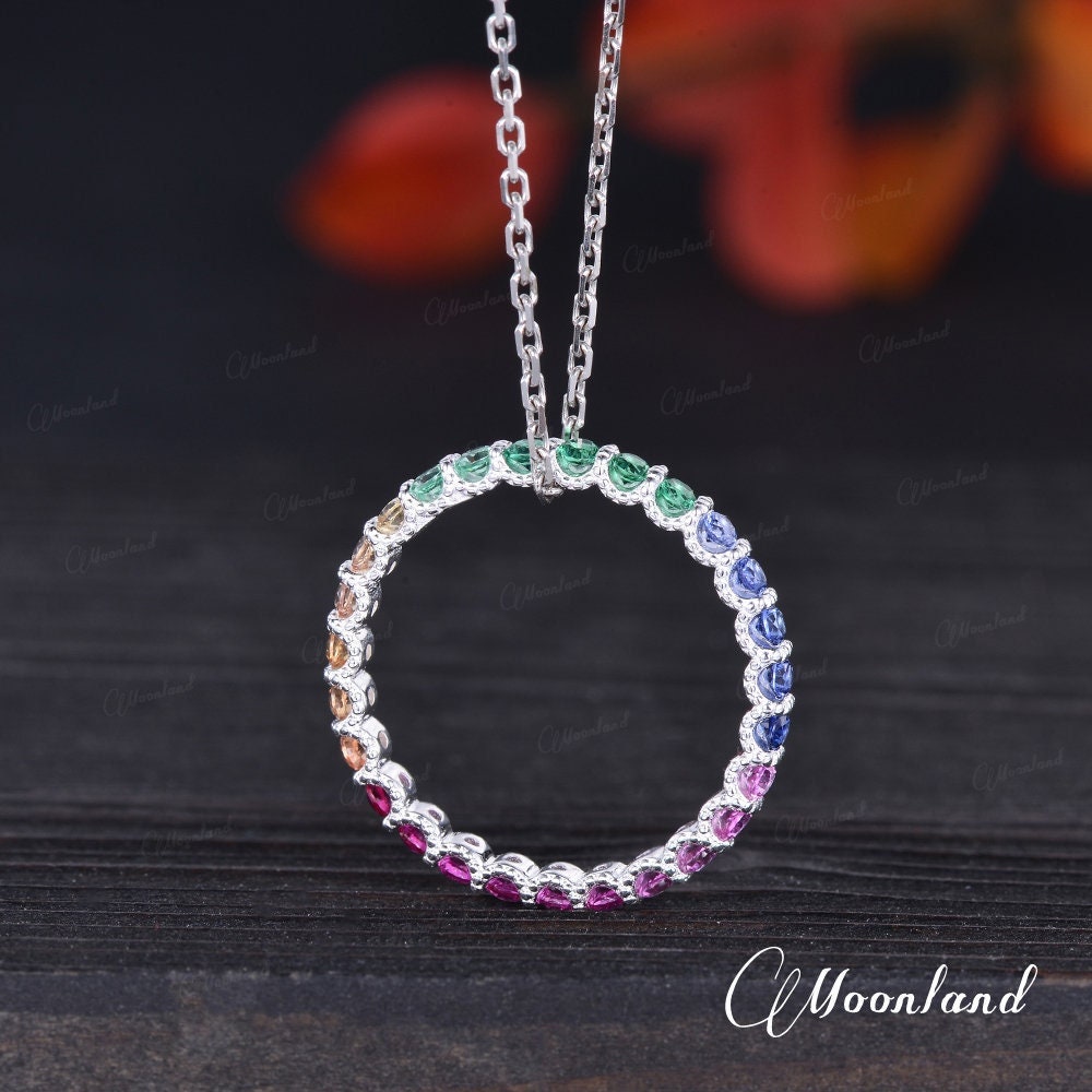 Rainbow Sapphire Necklace Vintage White Gold Necklace September ...