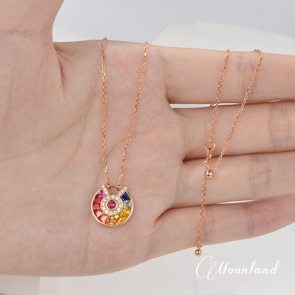 Unique Natural Rainbow Sapphire Necklace Channel Set Circle Pendant ...