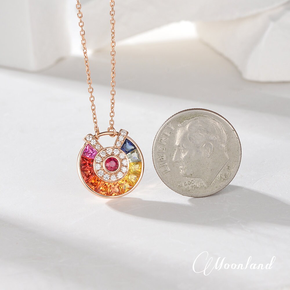 Unique Natural Rainbow Sapphire Necklace Channel Set Circle Pendant ...
