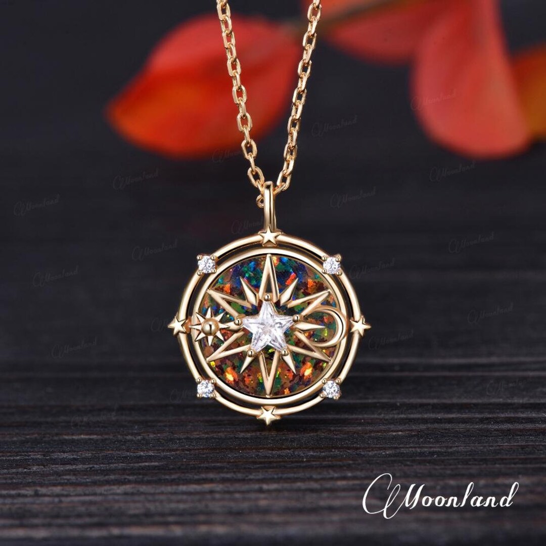 Unique Black Opal Pendant North Star Compass Necklace Yellow Gold ...